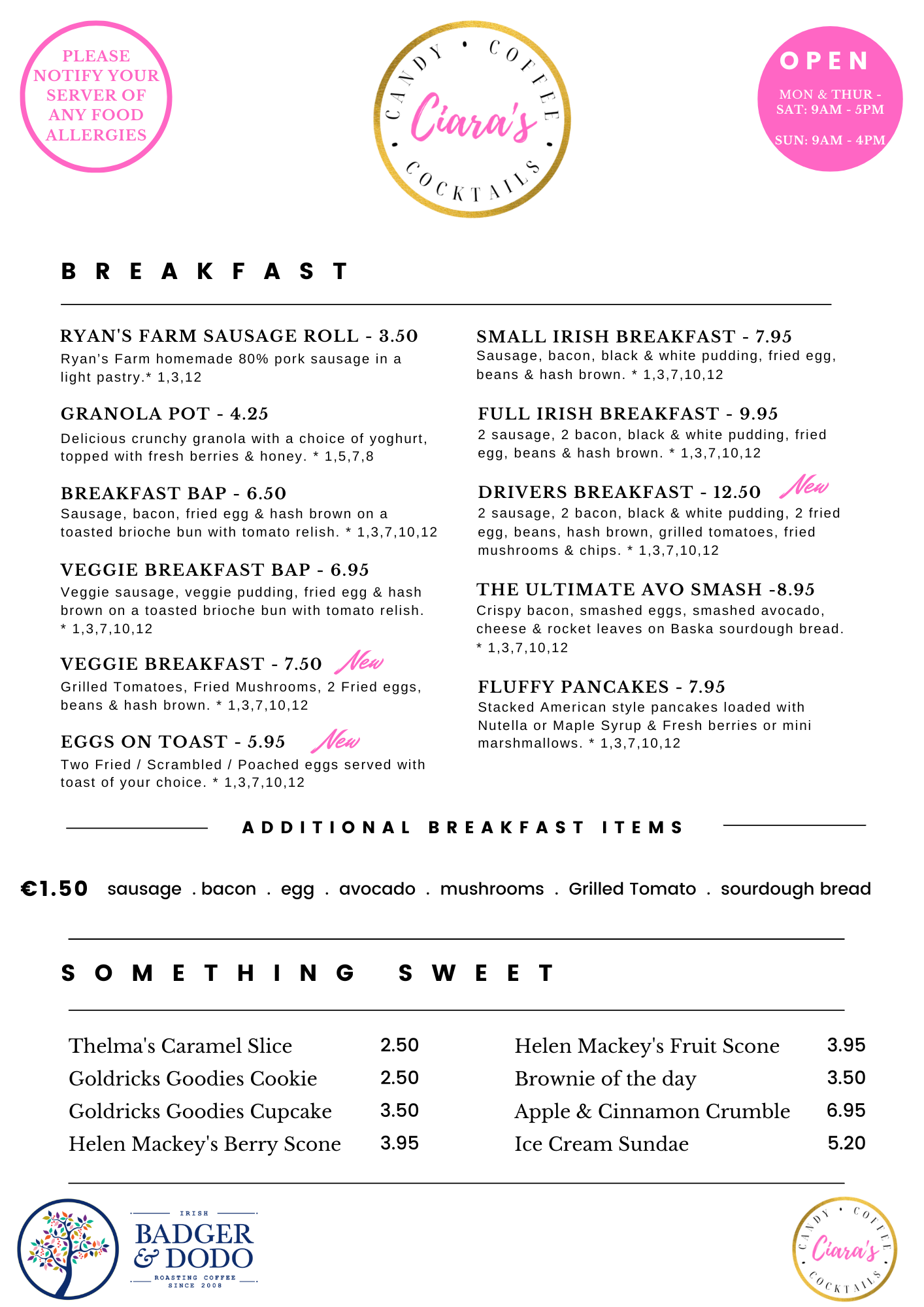 Breakfast and lunch menu – Ciara's Candy Store