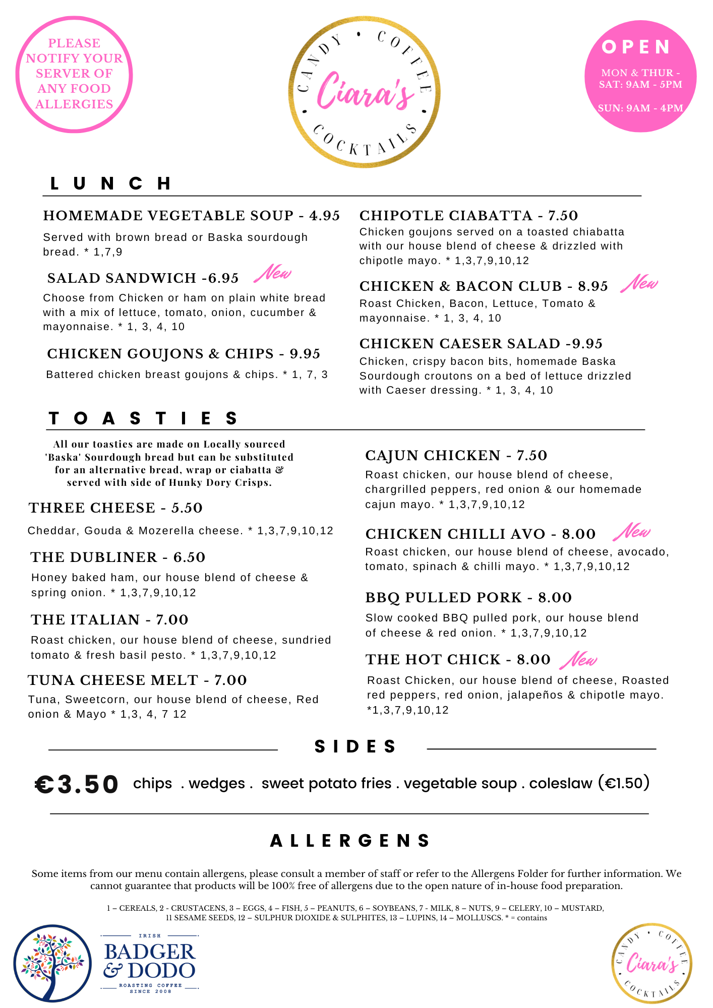 Breakfast and lunch menu – Ciara's Candy Store